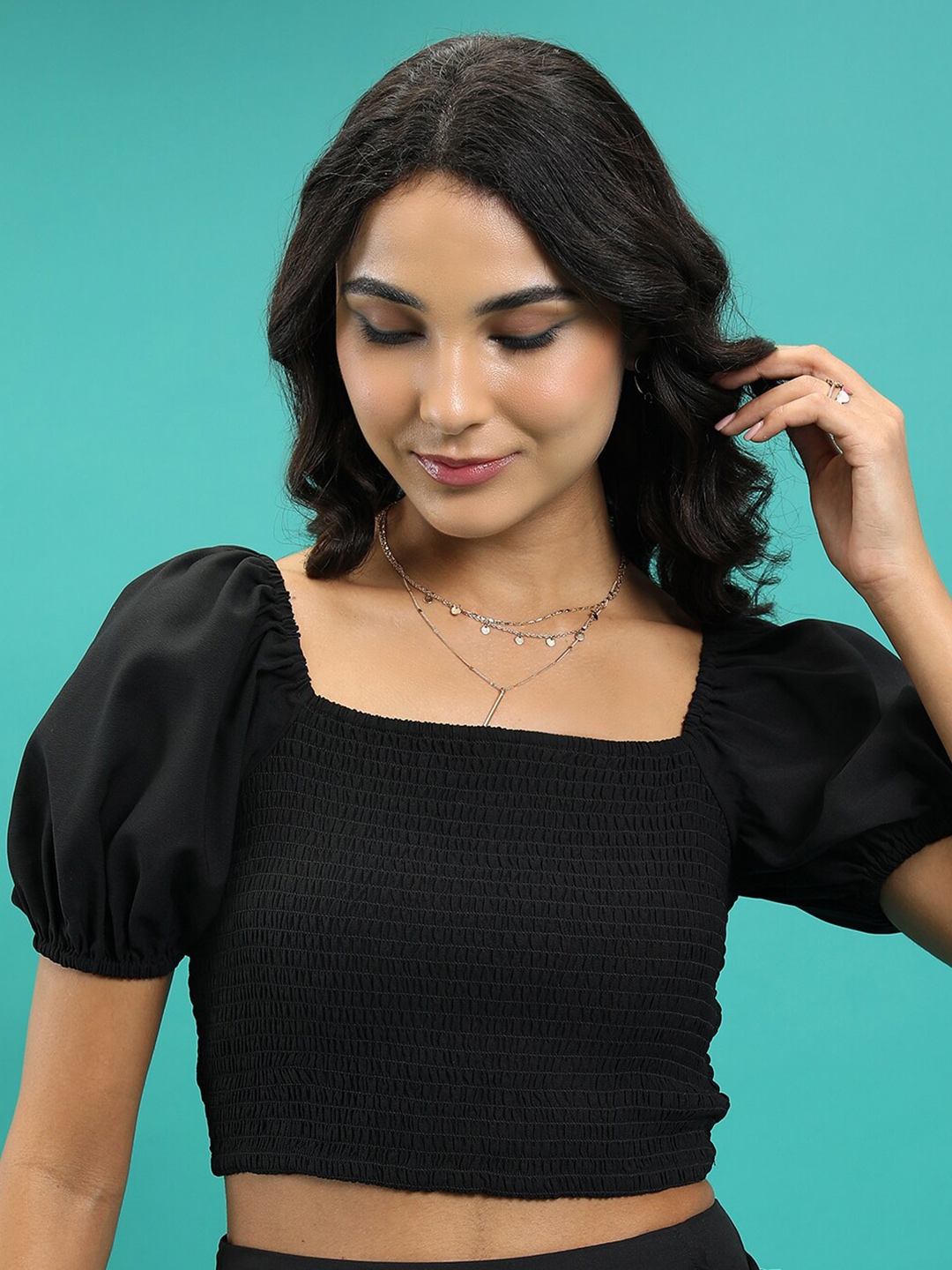 Buy Ketch Black Square Neck Puff Sleeve Smocked Crop Top Tops For