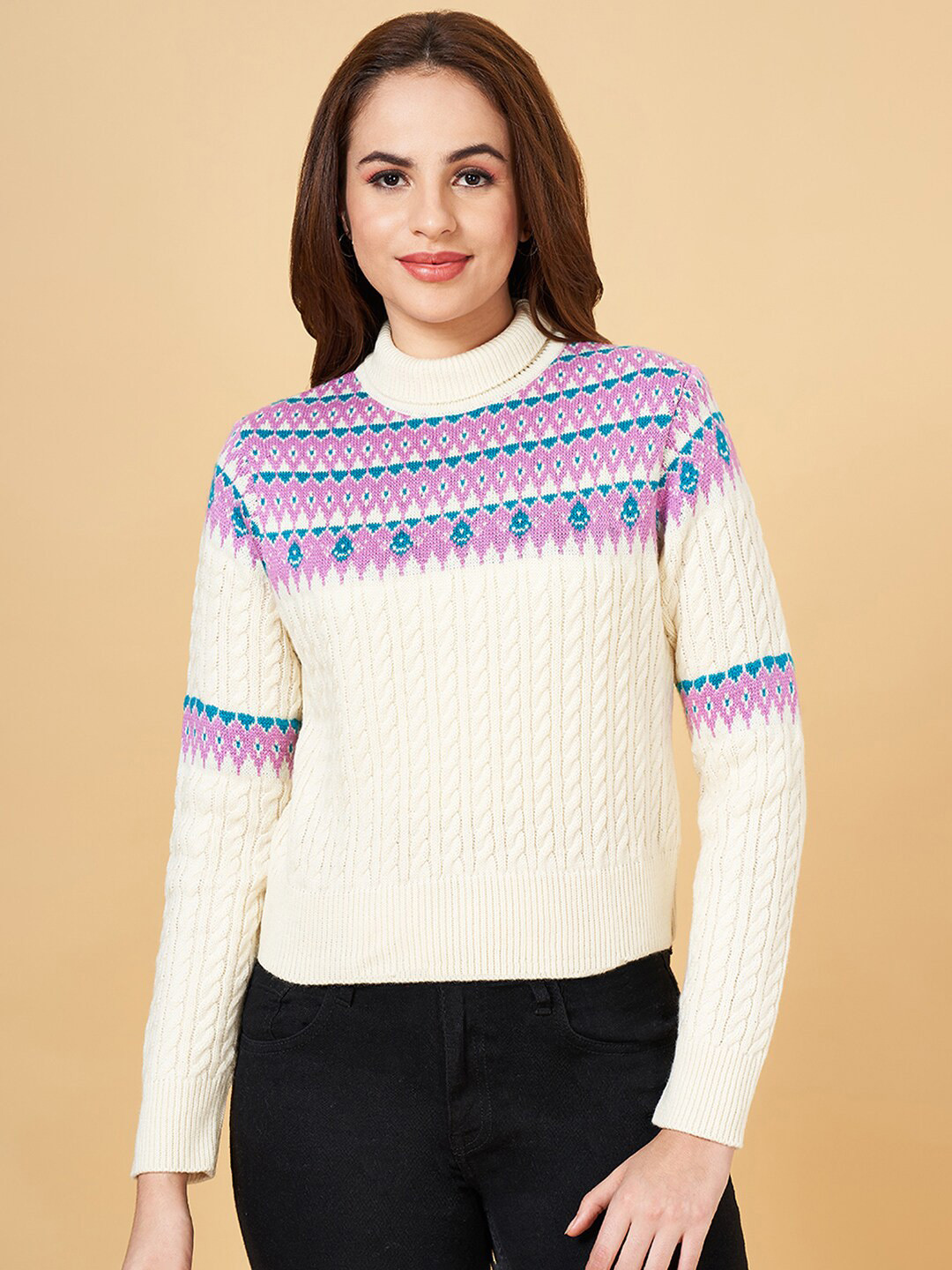 Buy People Off White & Lavender Ethnic Motifs Printed Turtle Neck ...