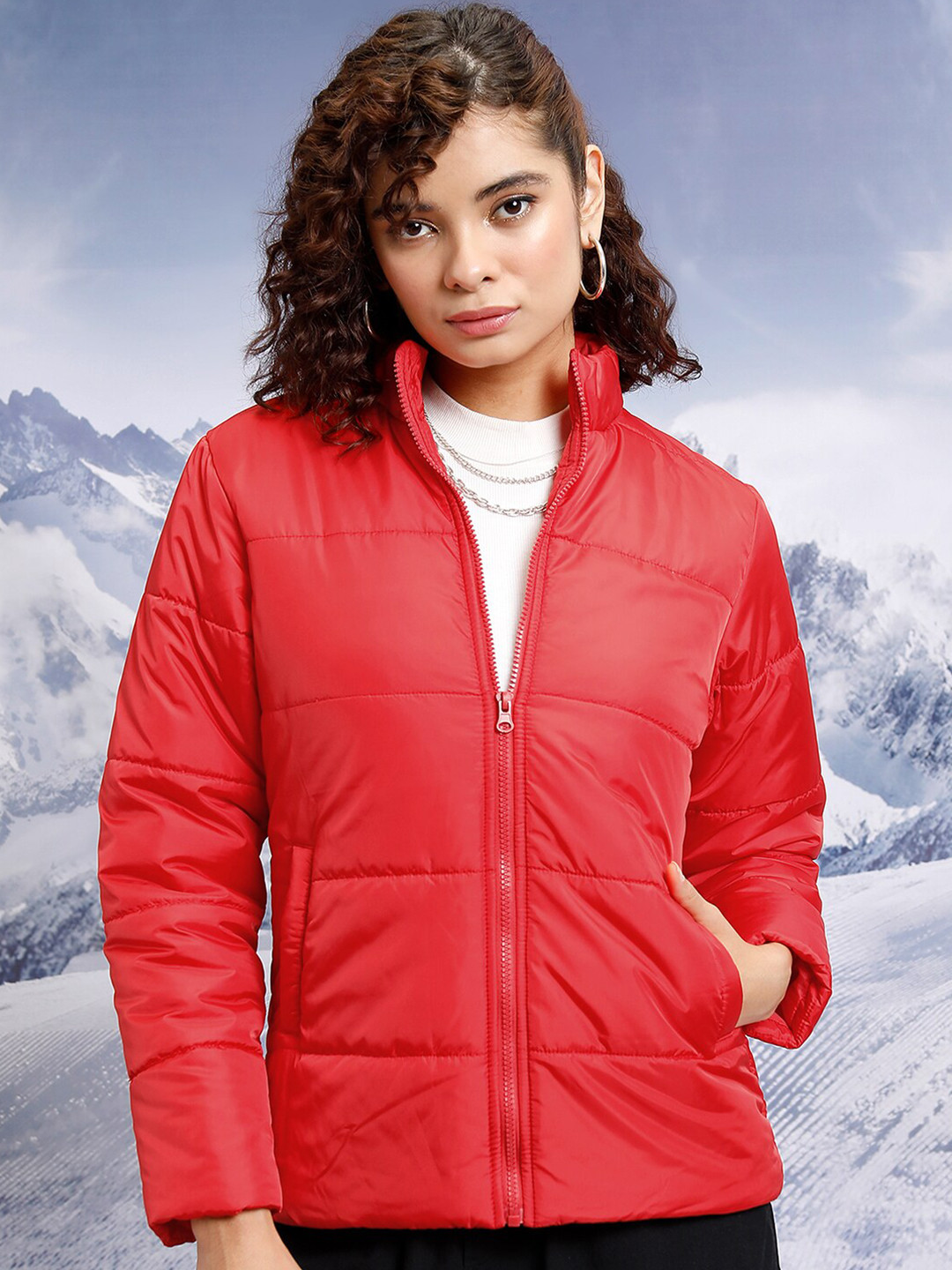 Buy Tokyo Talkies Red Stand Collar Padded Jacket - Jackets for Women ...