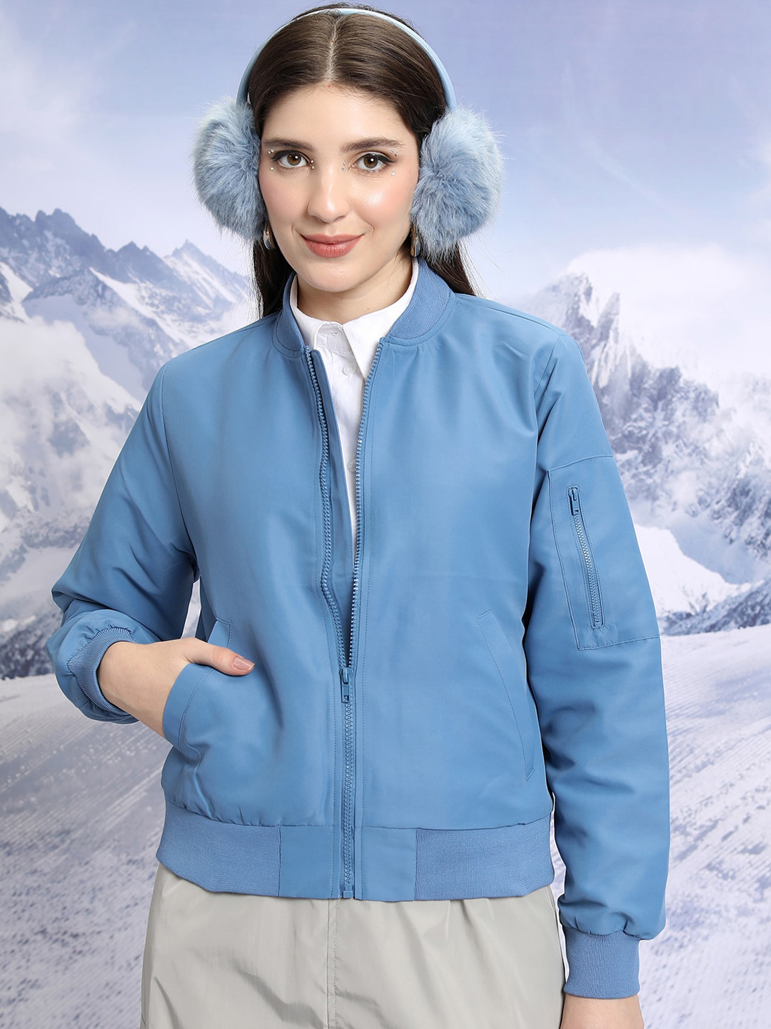 Buy Tokyo Talkies Blue Mock Collar Bomber Jacket - Jackets for Women ...