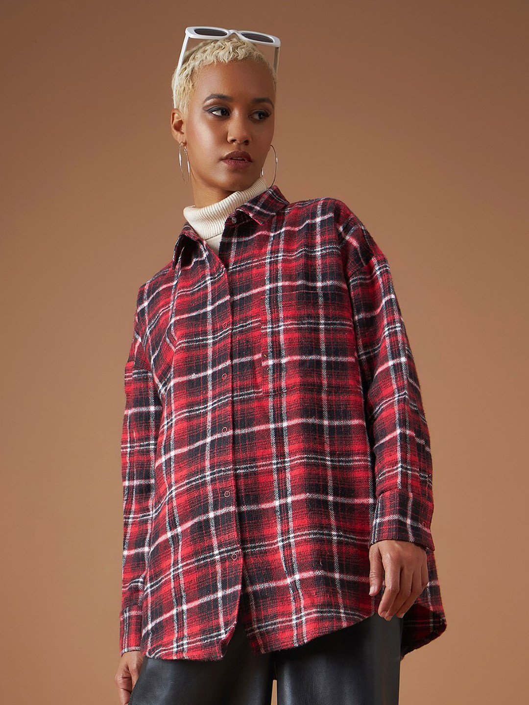 Buy SASSAFRAS Spread Collar Oversized Tartan Checked Casual Pure Cotton ...
