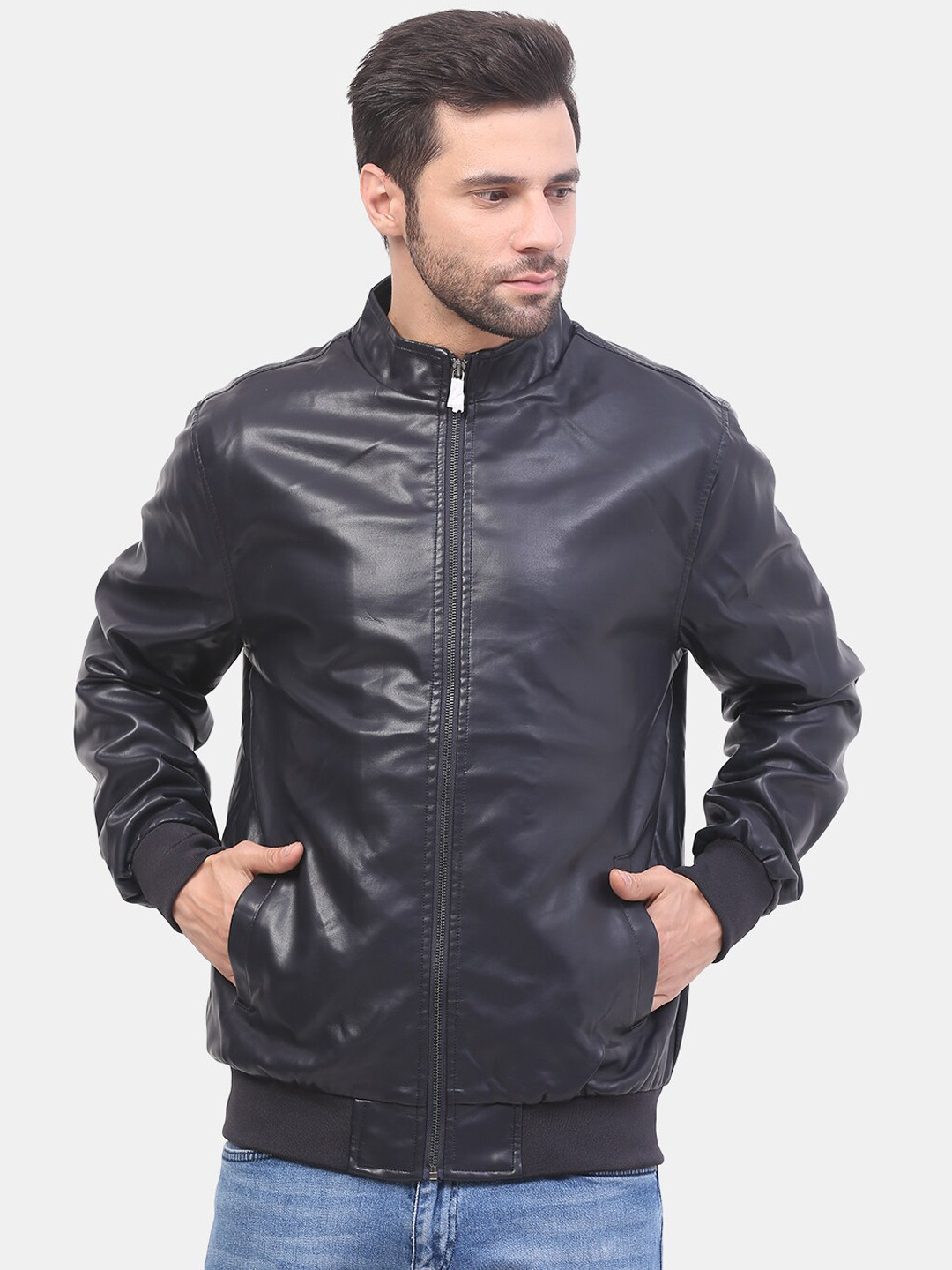 Buy Mast & Harbour Navy Blue Mock Collar Long Sleeves Bomber Jacket ...