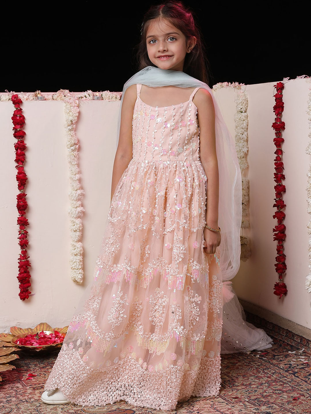 Buy VASTRAMAY Girls Embroidered Shoulder Straps Silk Ethnic Dress With ...