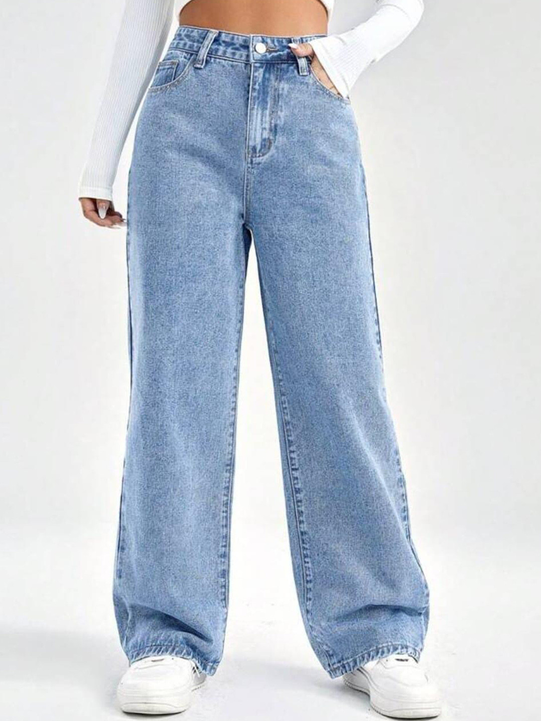 Buy BROADSTAR Women Smart Wide Leg High Rise Heavy Fade Clean Look ...