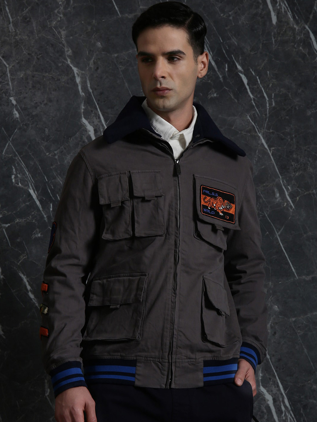 Buy Breakbounce Men Grey Detachable Collar Bomber Jacket - Jackets for ...