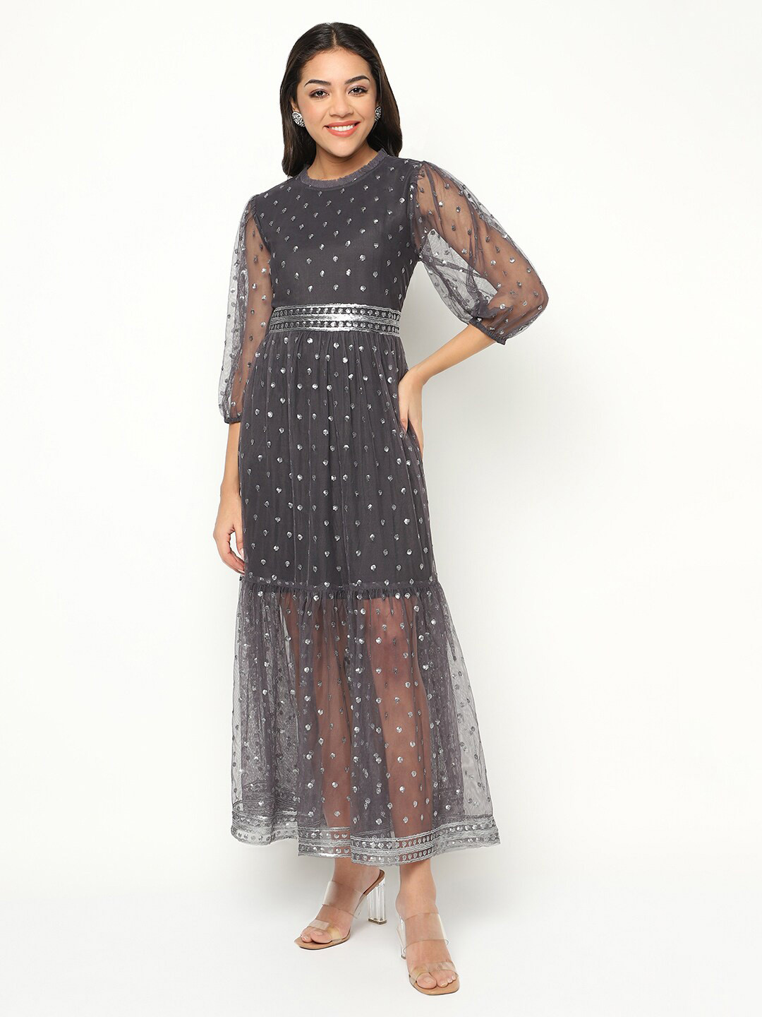 Buy HOUSE OF S Embellished Puff Sleeves Sequined Net Maxi Dress ...