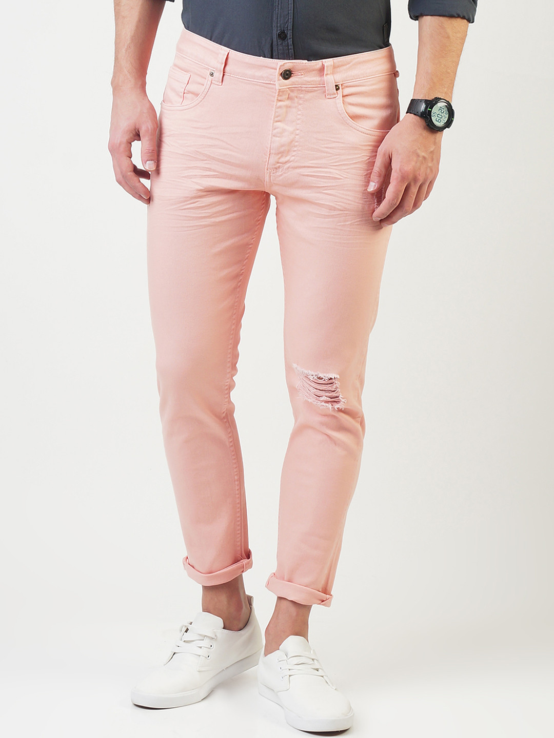 Buy Blue Saint Men Peach Coloured Slim Fit Mid Rise Mildly Distressed ...
