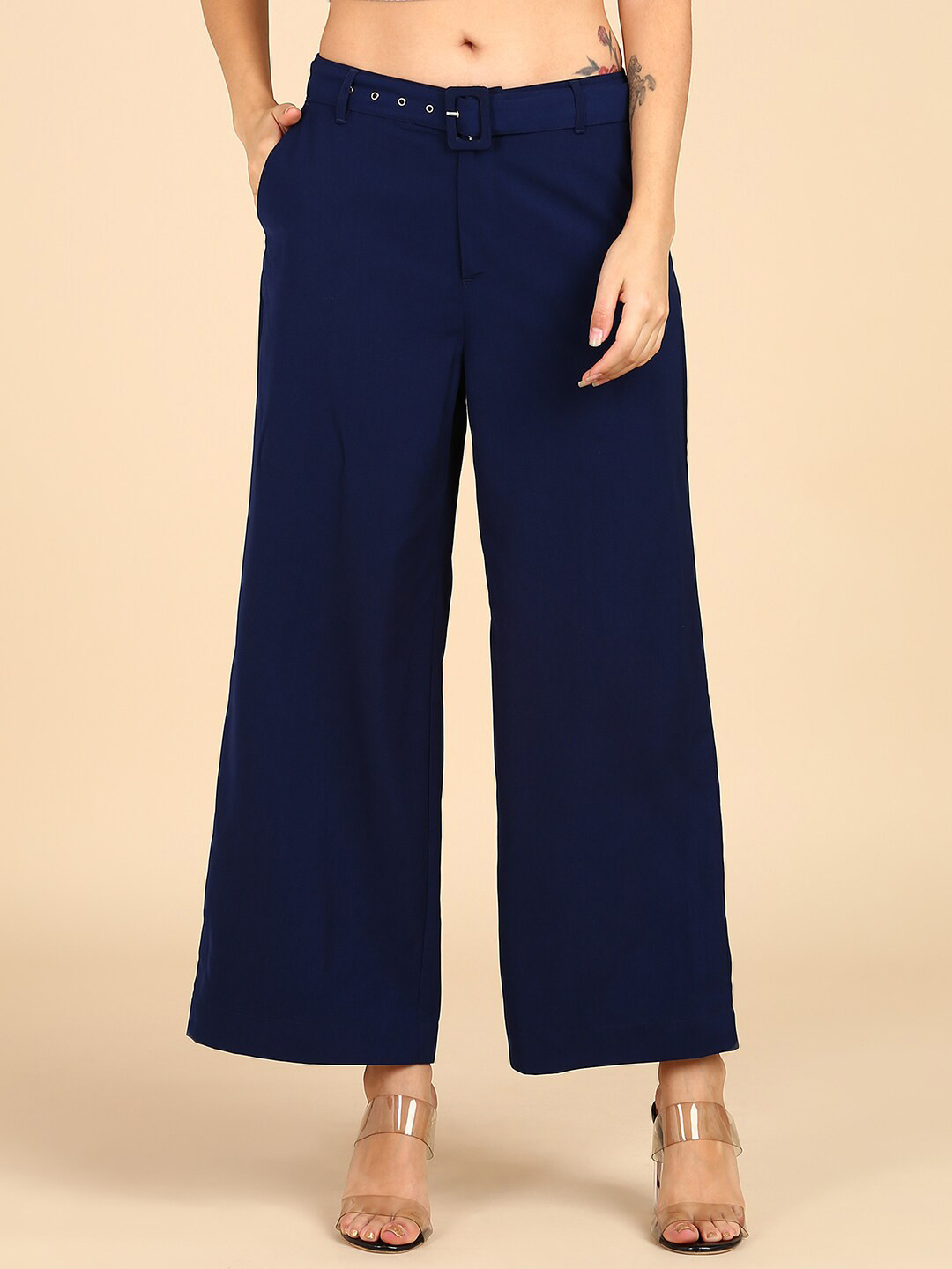Buy Mast & Harbour Women Navy Blue Smart Flared Parallel Trousers ...