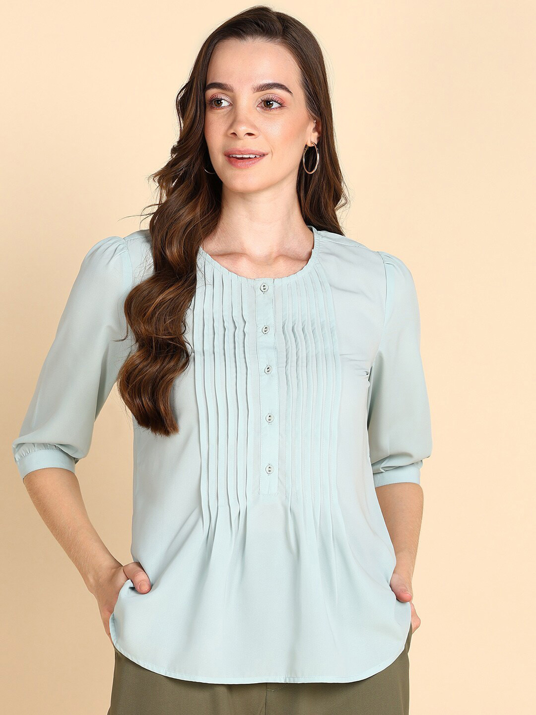 Buy Mast & Harbour Sea Green Round Neck A Line Satin Top - Tops for ...