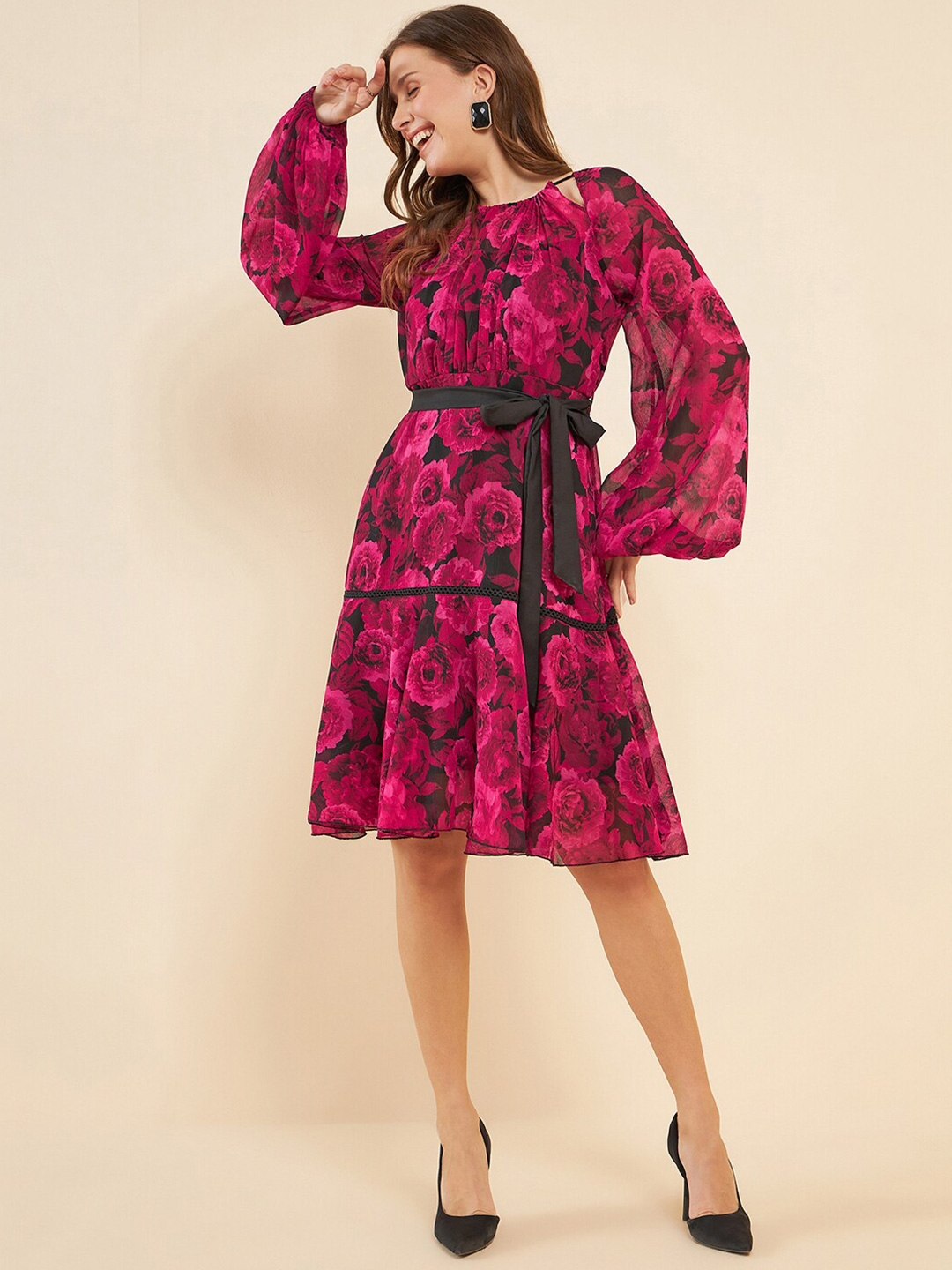 Buy Antheaa Pink Floral Printed Puff Sleeves Gathered Detailed Chiffon