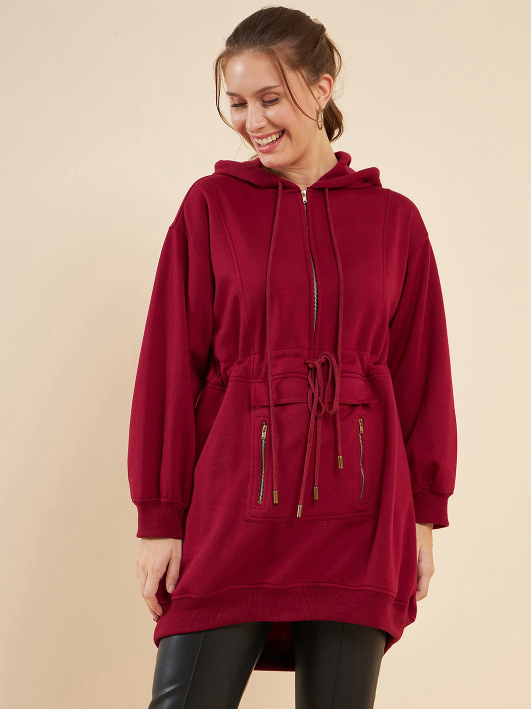 Buy Antheaa Maroon Hooded Fleece Longline Sweatshirt - Sweatshirts for ...