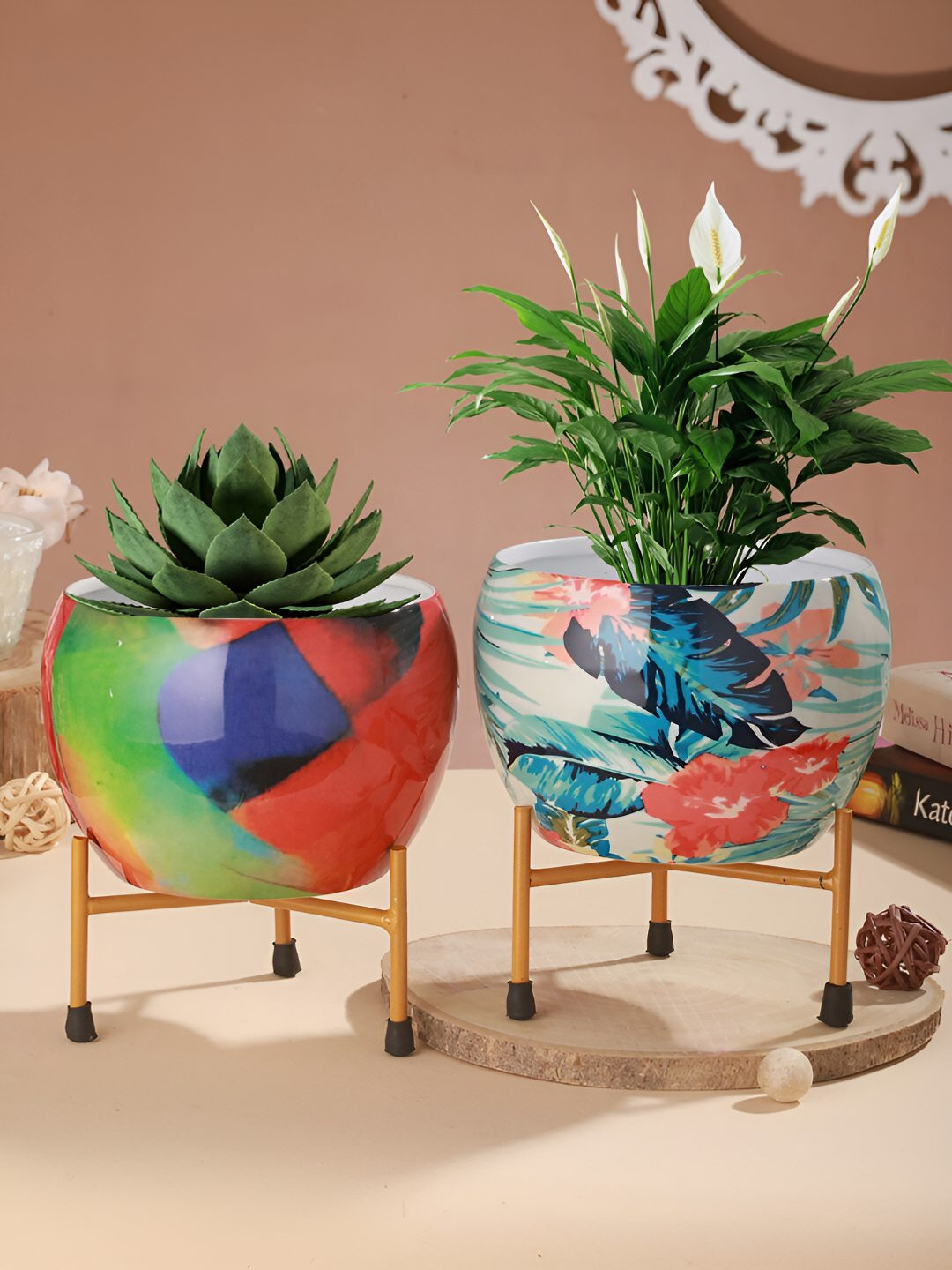 Buy Homspurts Blue & Red 2 Pieces Metal Planters With Stands - Planters ...