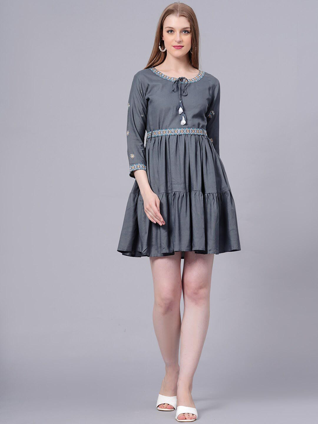 Buy HIGHLIGHT FASHION EXPORT Floral Embroidered Tie Up Neck Fit & Flare ...