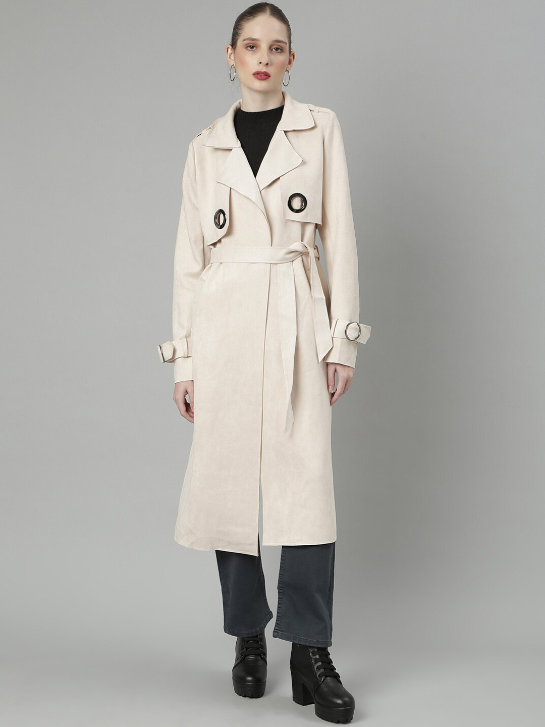 Buy SHOWOFF Lapel Collar Suede Windcheater Longline Open Front Jacket ...