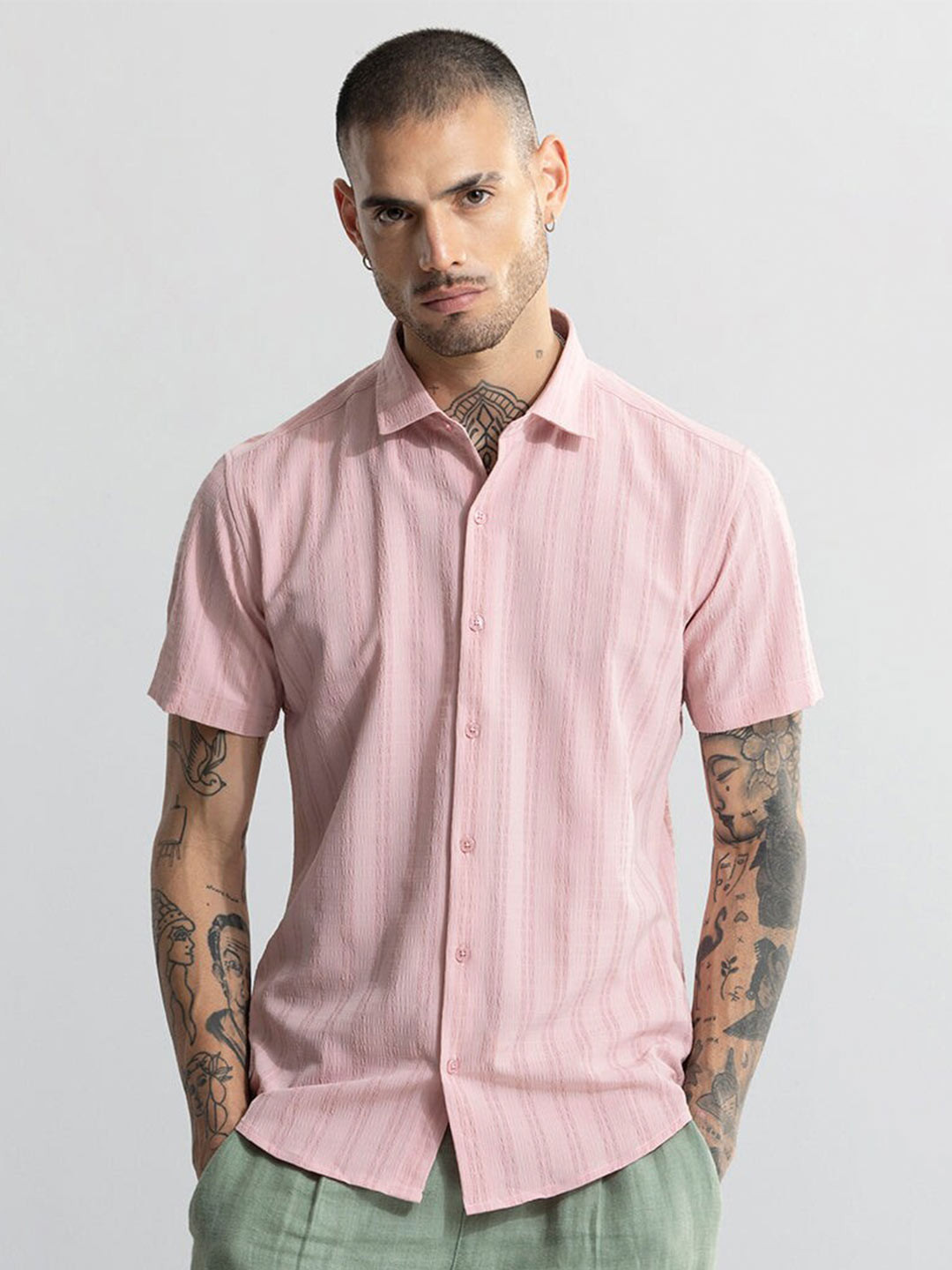 Buy Snitch Pink Classic Slim Fit Striped Casual Shirt - Shirts for Men ...