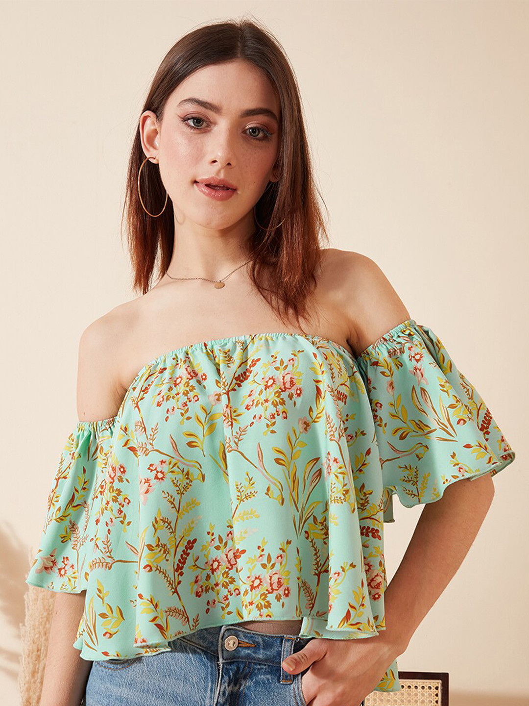 Buy Berrylush Green Floral Printed Off Shoulder Bardot Crop Top - Tops ...