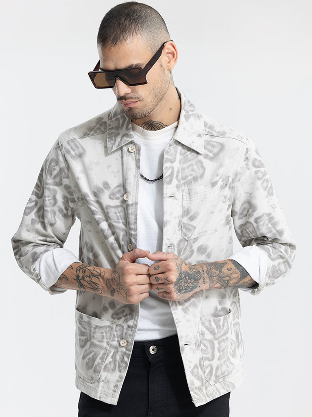 Buy Snitch Grey Floral Printed Spread Collar Cotton Shacket - Shackets ...