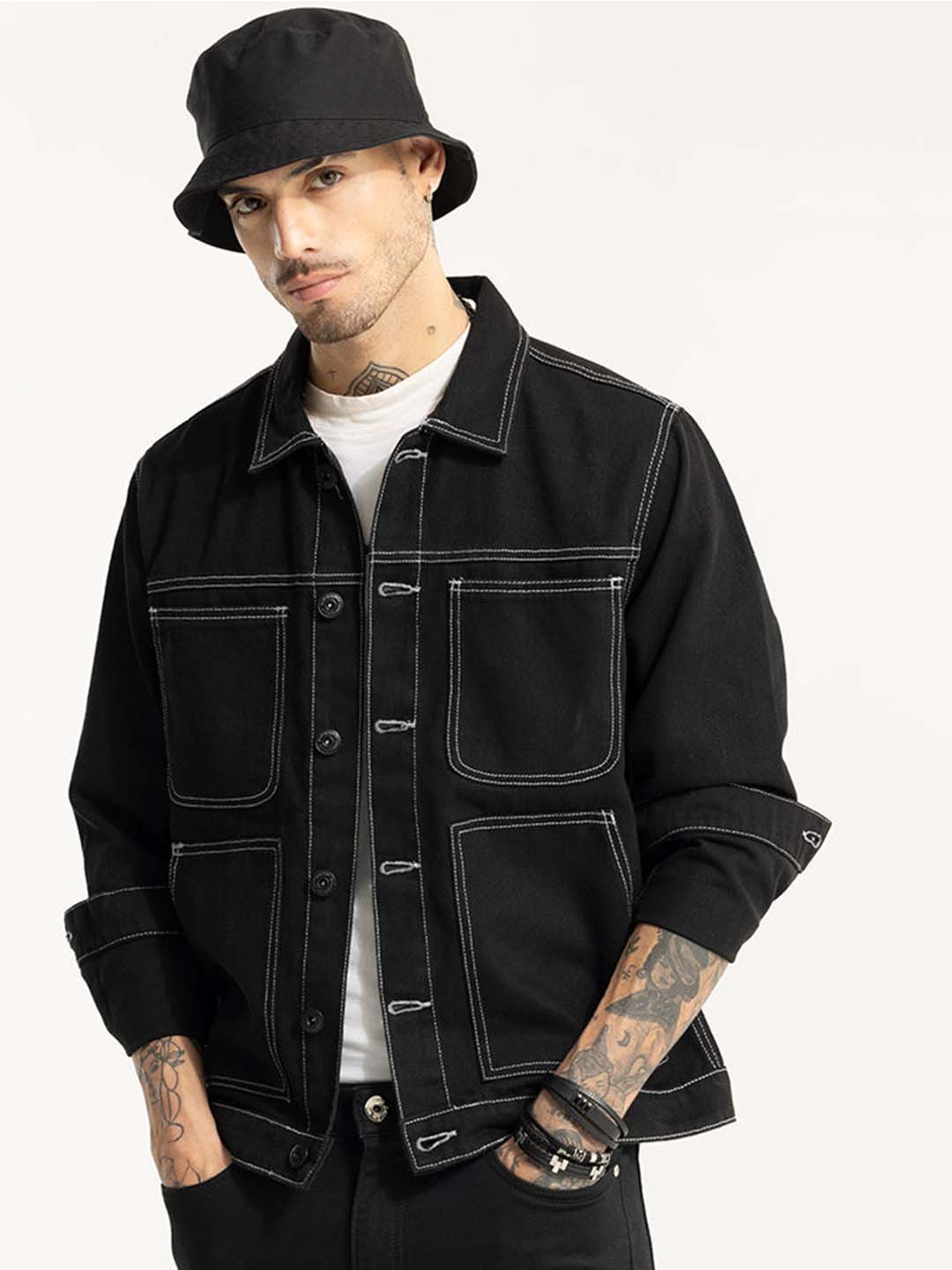 Buy Snitch Black Spread Collar Long Sleeve Cotton Lightweight Denim ...