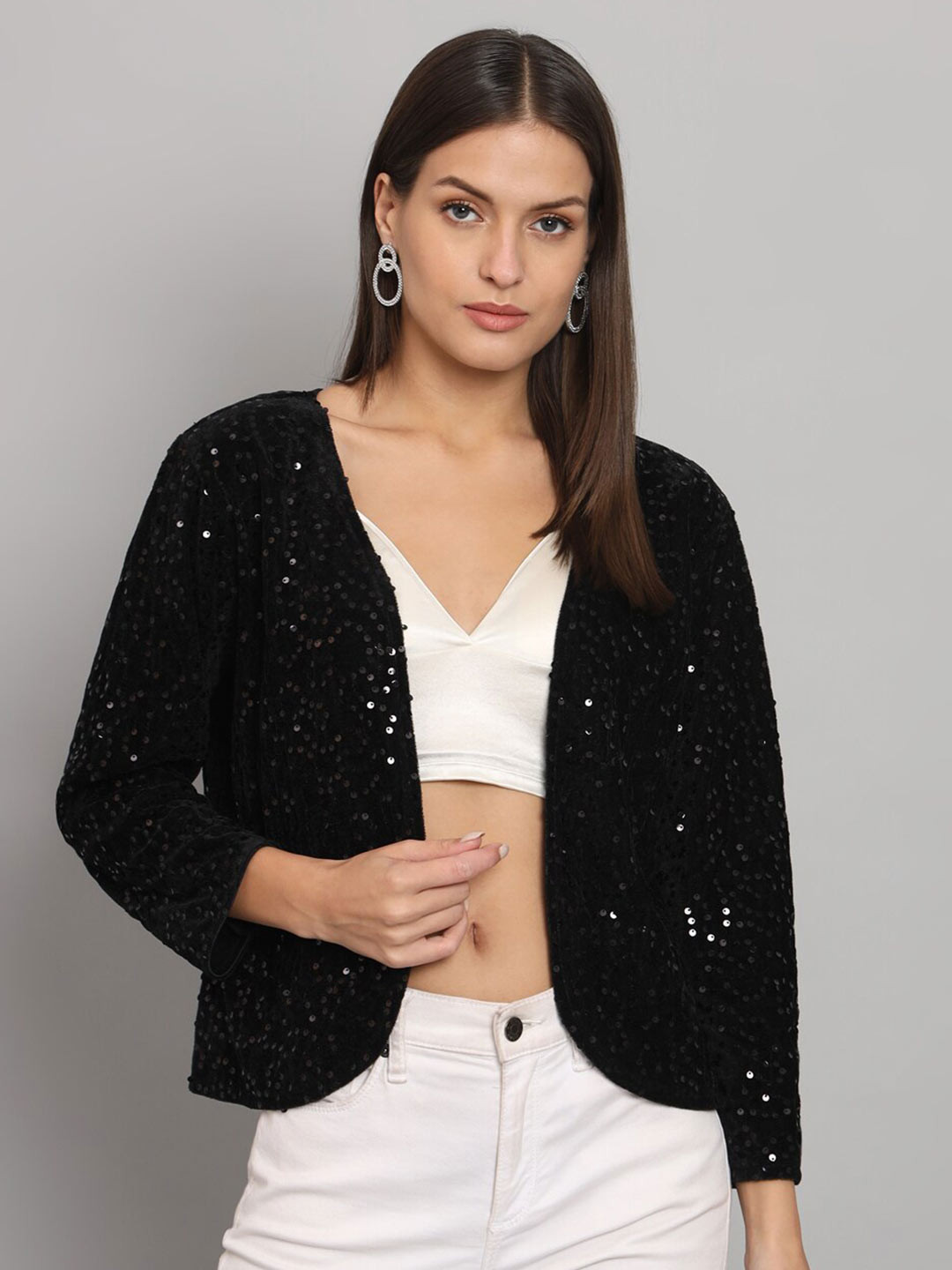Buy UrSense Embellished Open Front Long Sleeves Crop Shrug - Shrug for ...