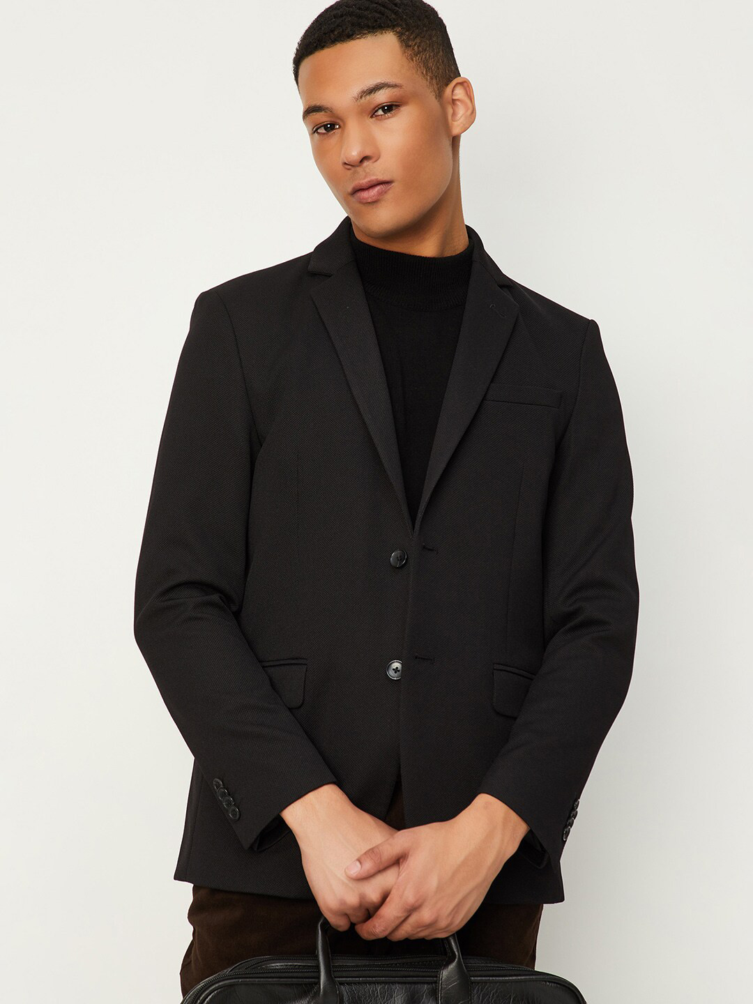 Buy Max Self Design Notched Lapel Collar Single Breasted Casual Blazer ...