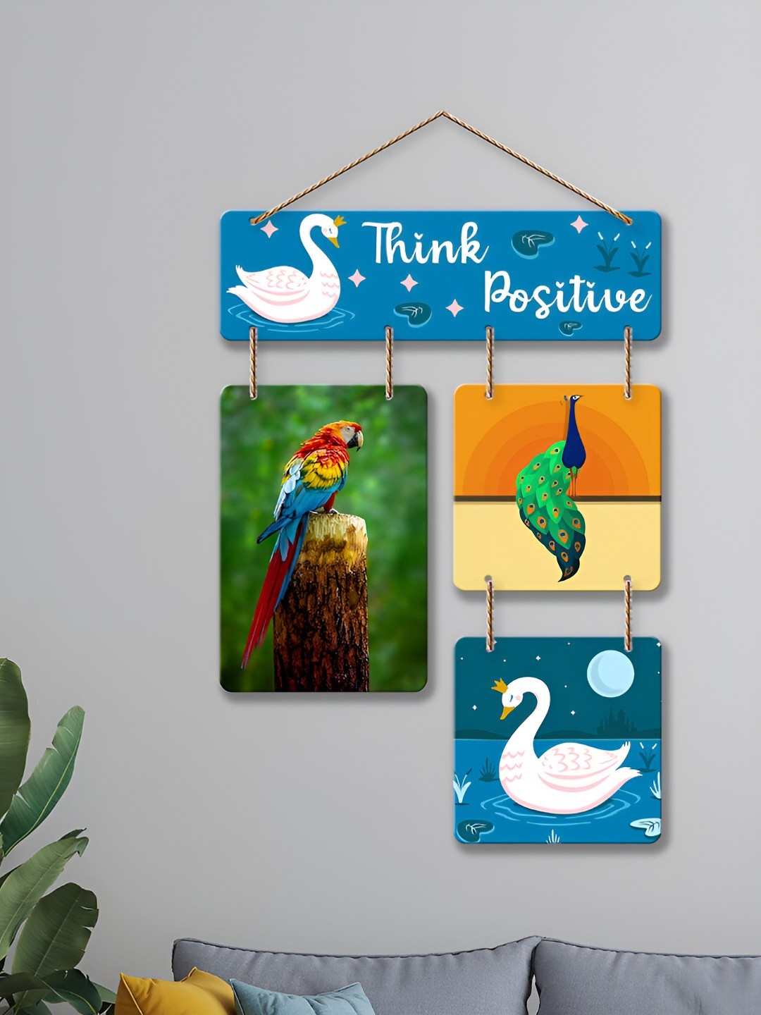 Buy ArtVibes Blue & Green Think Positive Printed Wooden Hanging Wall ...