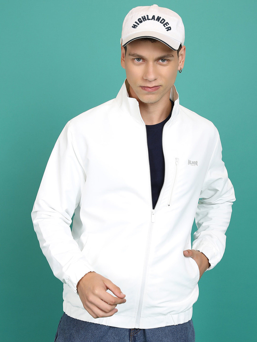 Buy HIGHLANDER White Mock Collar Bomber Jacket - Jackets for Men ...