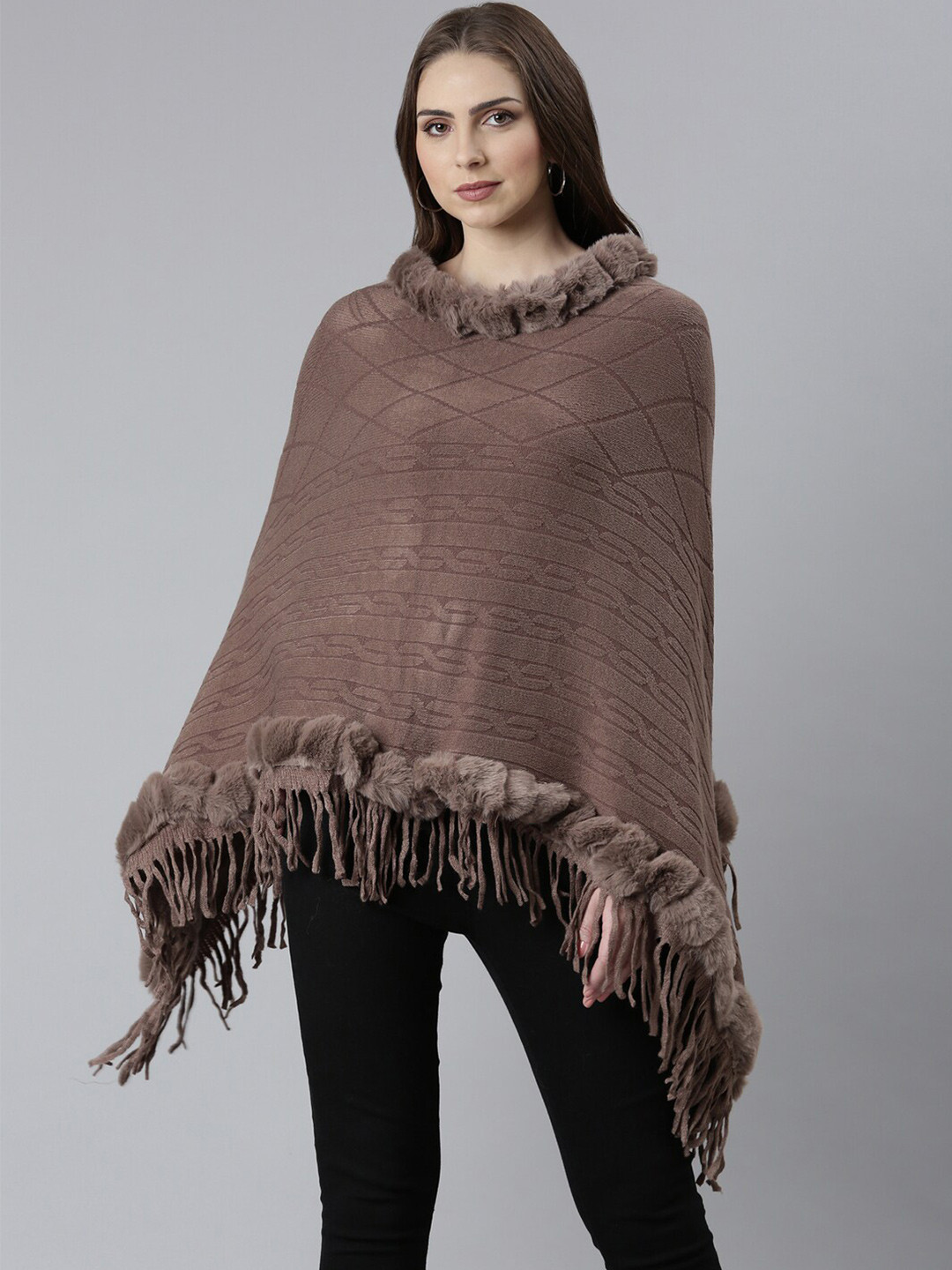 Buy SHOWOFF Geometric Self Design Fringed Detail Acrylic Poncho ...