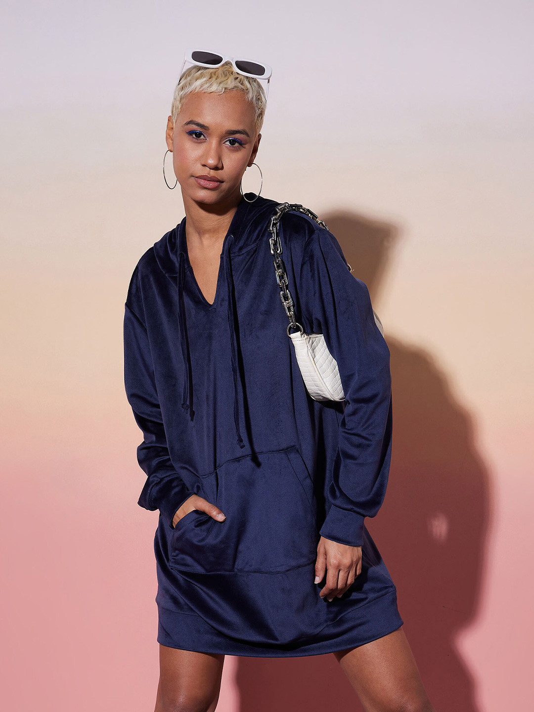 Buy SASSAFRAS Alt Laze Navy Blue Hooded Pullover Longline Sweatshirt ...