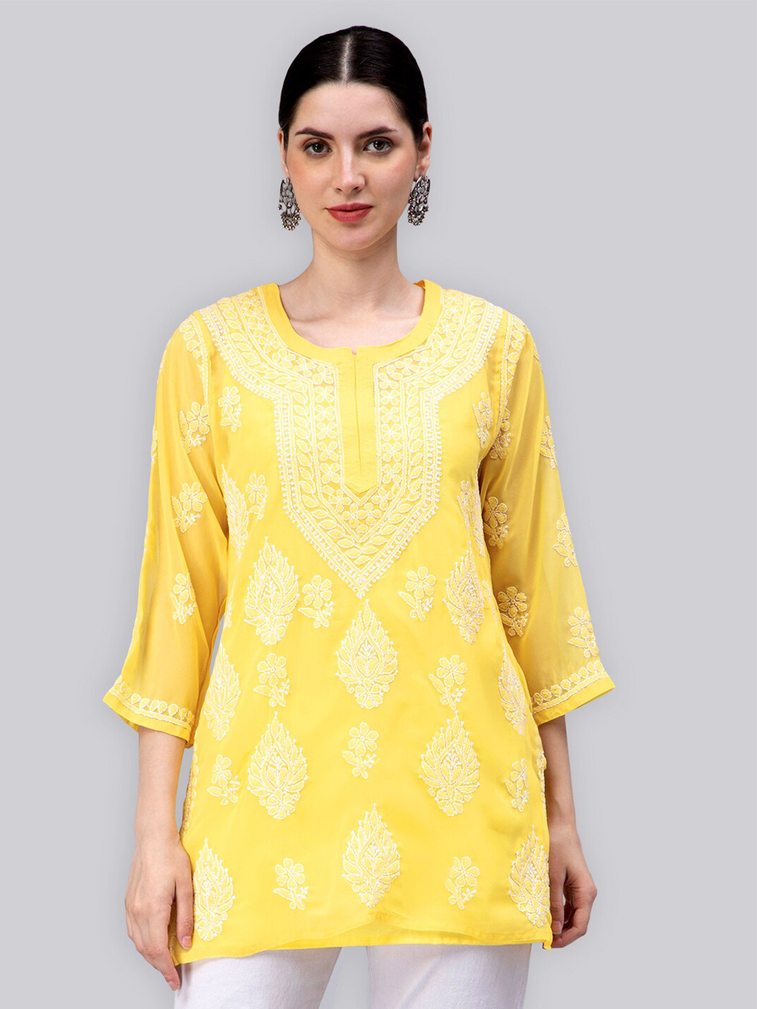 Buy Seva Chikan Ethnic Motifs Embroidered Lucknowi Chikankari Kurti ...