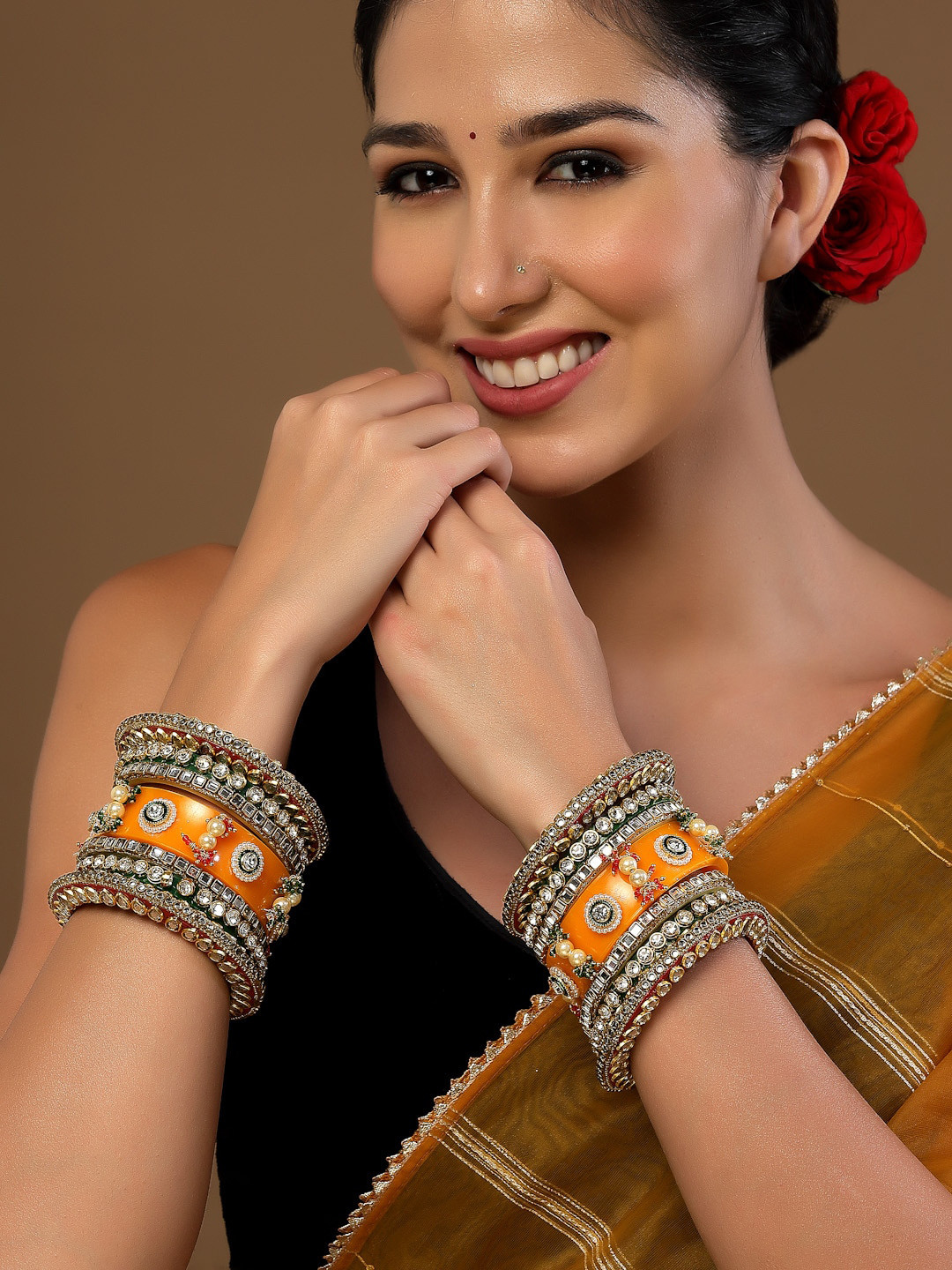 Buy PANASH Set Of 14 Gold Plated Stone Studded Bangles Chuda Set ...