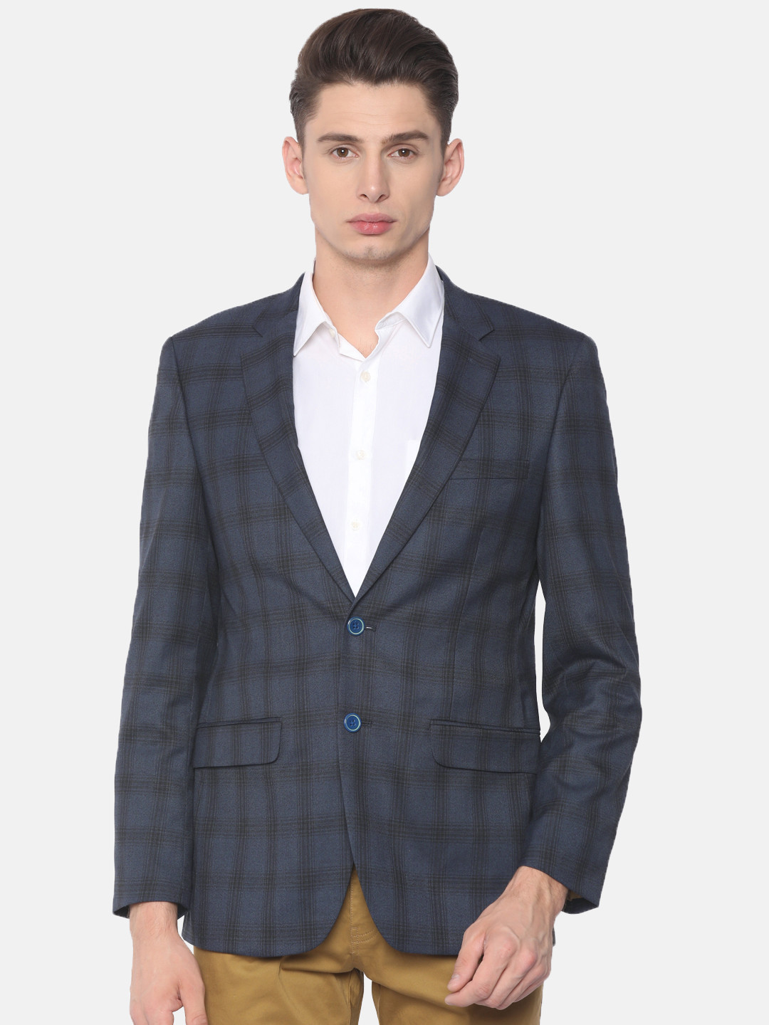 Buy Raymond Blue Checked Contemporary Fit Single Breasted Formal Blazer ...