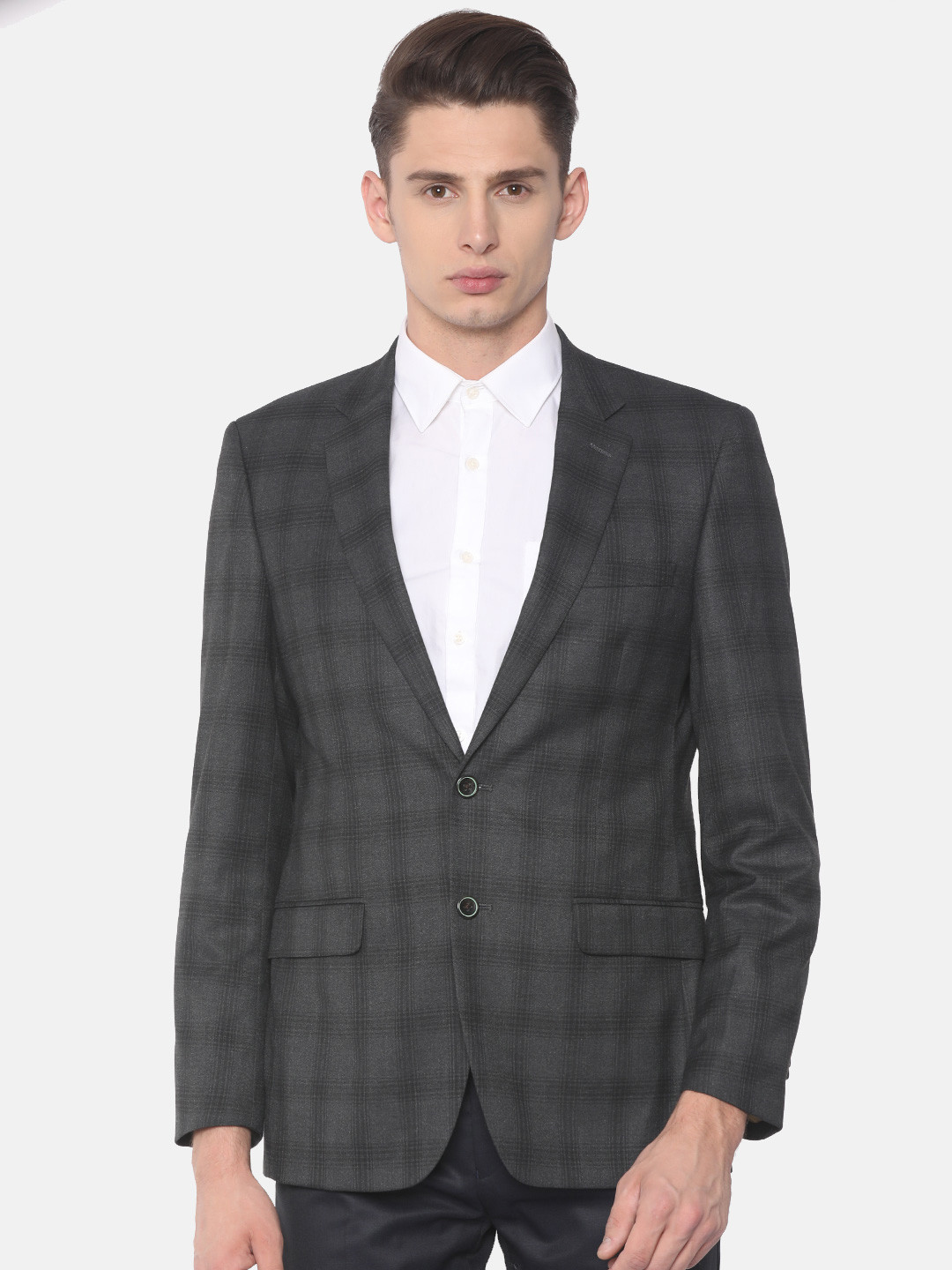 Buy Raymond Men Charcoal Grey Checked Contemporary Fit Single Breasted ...