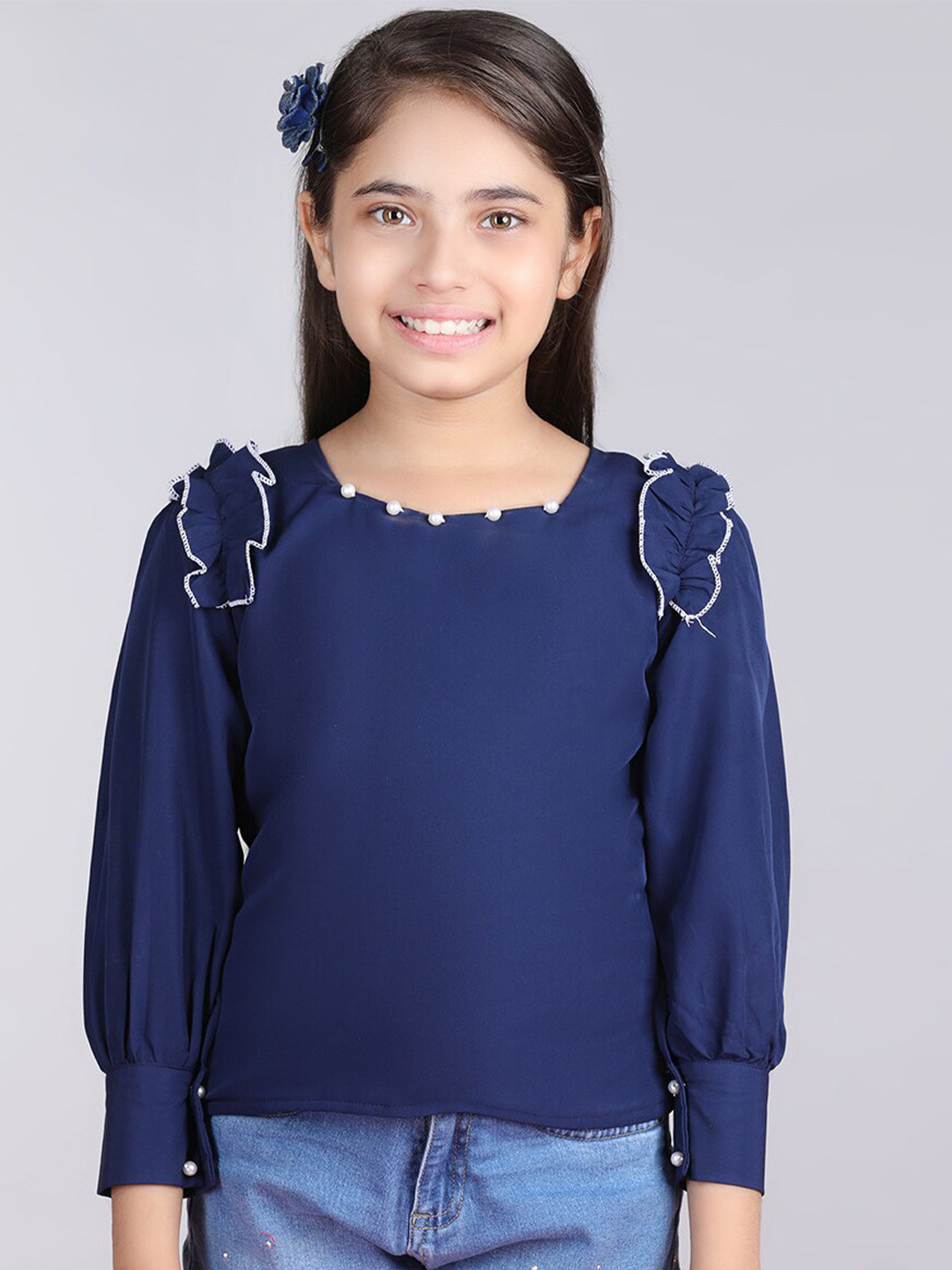 Buy Cutiekins Girls Cuffed Sleeves Ruffles Detail Top - Tops for Girls ...