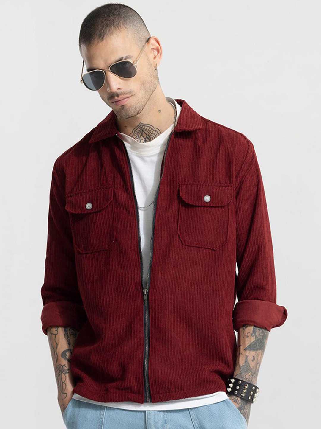 Buy Snitch Red Classic Slim Fit Spread Collar Shacket - Shirts for Men ...