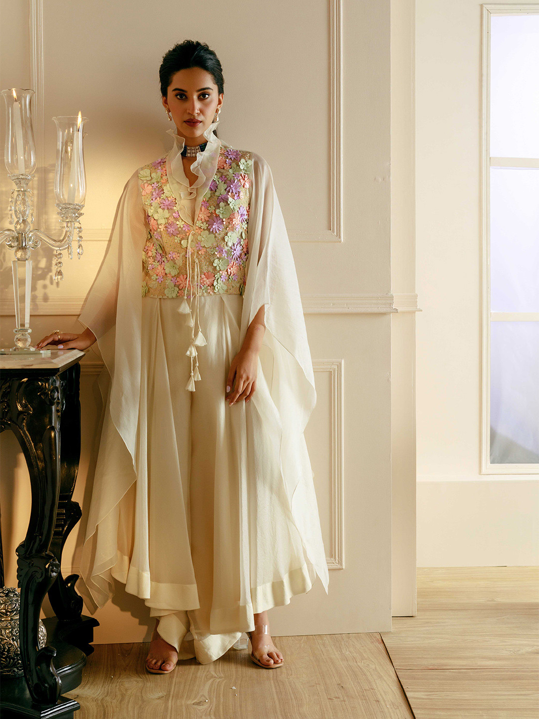 Buy NEHHA NHATA Self Design Mandarin Collar Floral Applique Tie Up Top ...