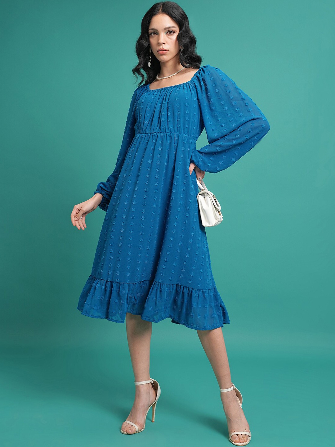 Buy Tokyo Talkies Blue Self Design A Line Midi Dress Dresses For