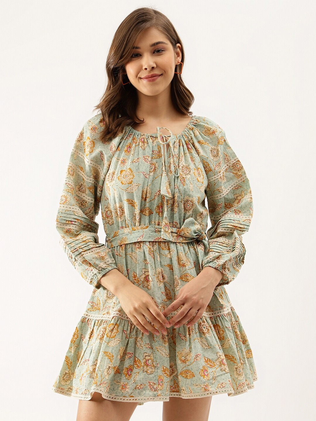 Buy Kalini Floral Printed Tie Up Neck Puffed Sleeves Lace Up Fit