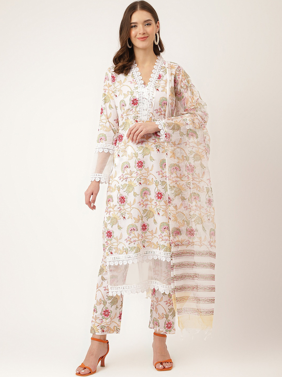 Buy KALINI Floral Printed V Neck Pure Cotton Straight Kurta & Trouser ...