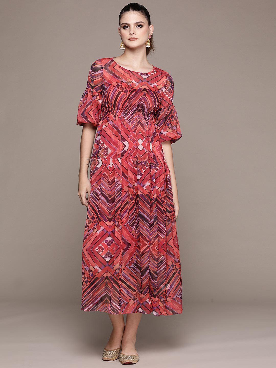Buy Aarke Ritu Kumar Print Flared Sleeve Chiffon A Line Midi Dress ...