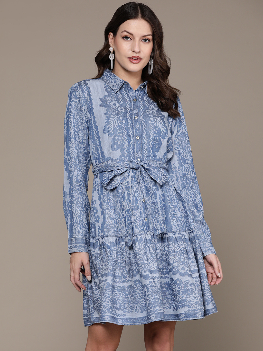 Buy Label Ritu Kumar Floral Print Denim Shirt Dress - Dresses for Women ...