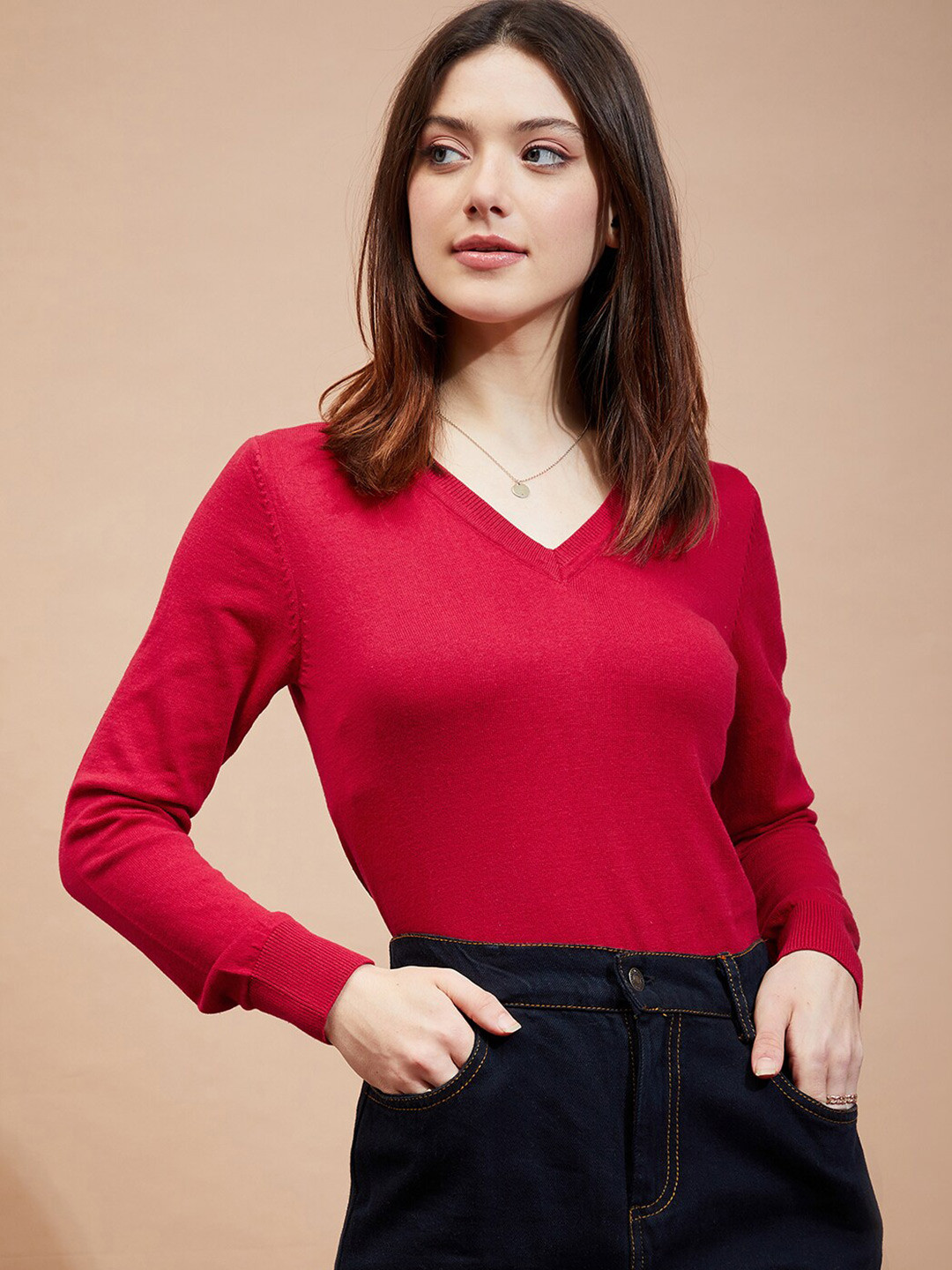 Buy DressBerry Red V Neck Long Sleeves Cotton Pullover - Sweaters for ...