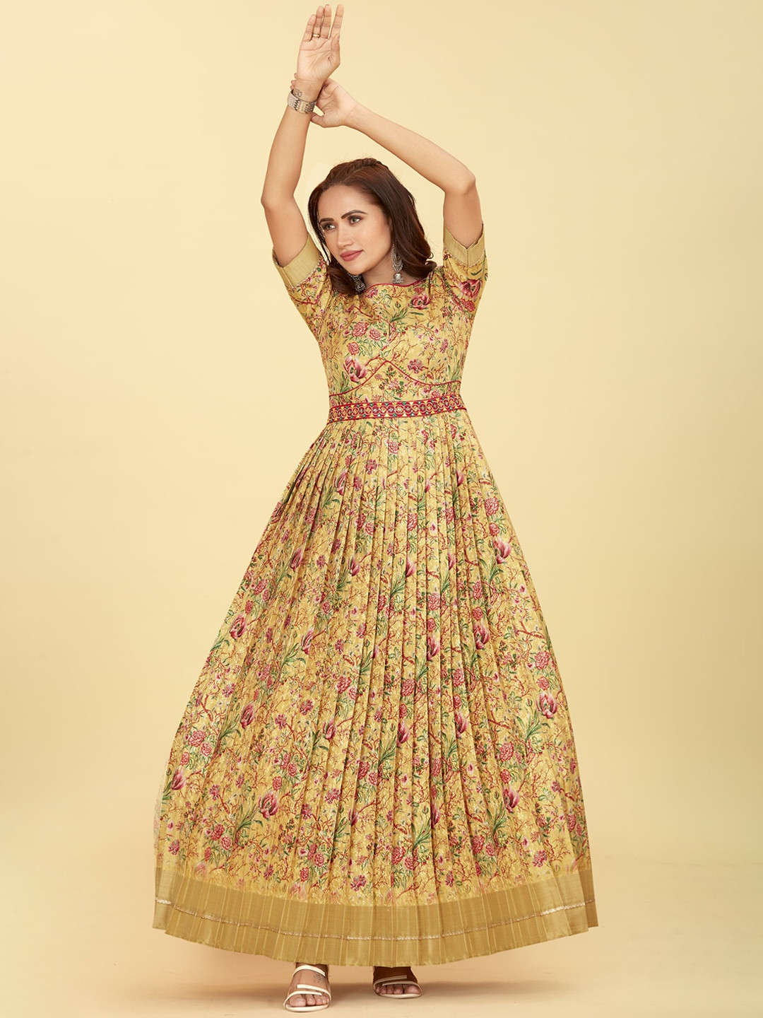 Buy CHANSI Floral Printed Silk Flared Ethnic Dresses Comes With A Belt ...