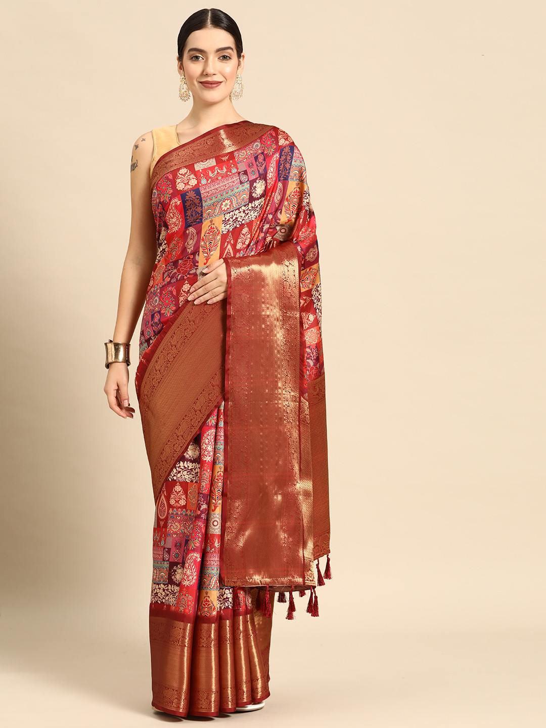Buy Silk Land Ethnic Motifs Art Silk Kanjeewaram Zari Digital Print ...