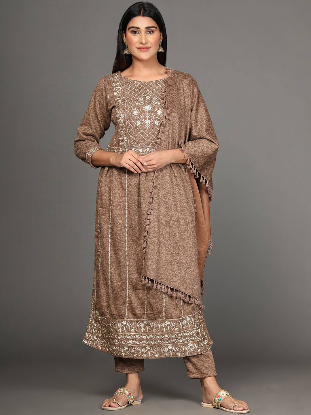Buy KALINI Floral Embroidered Pure Wool Kurta With Trousers & Dupatta ...