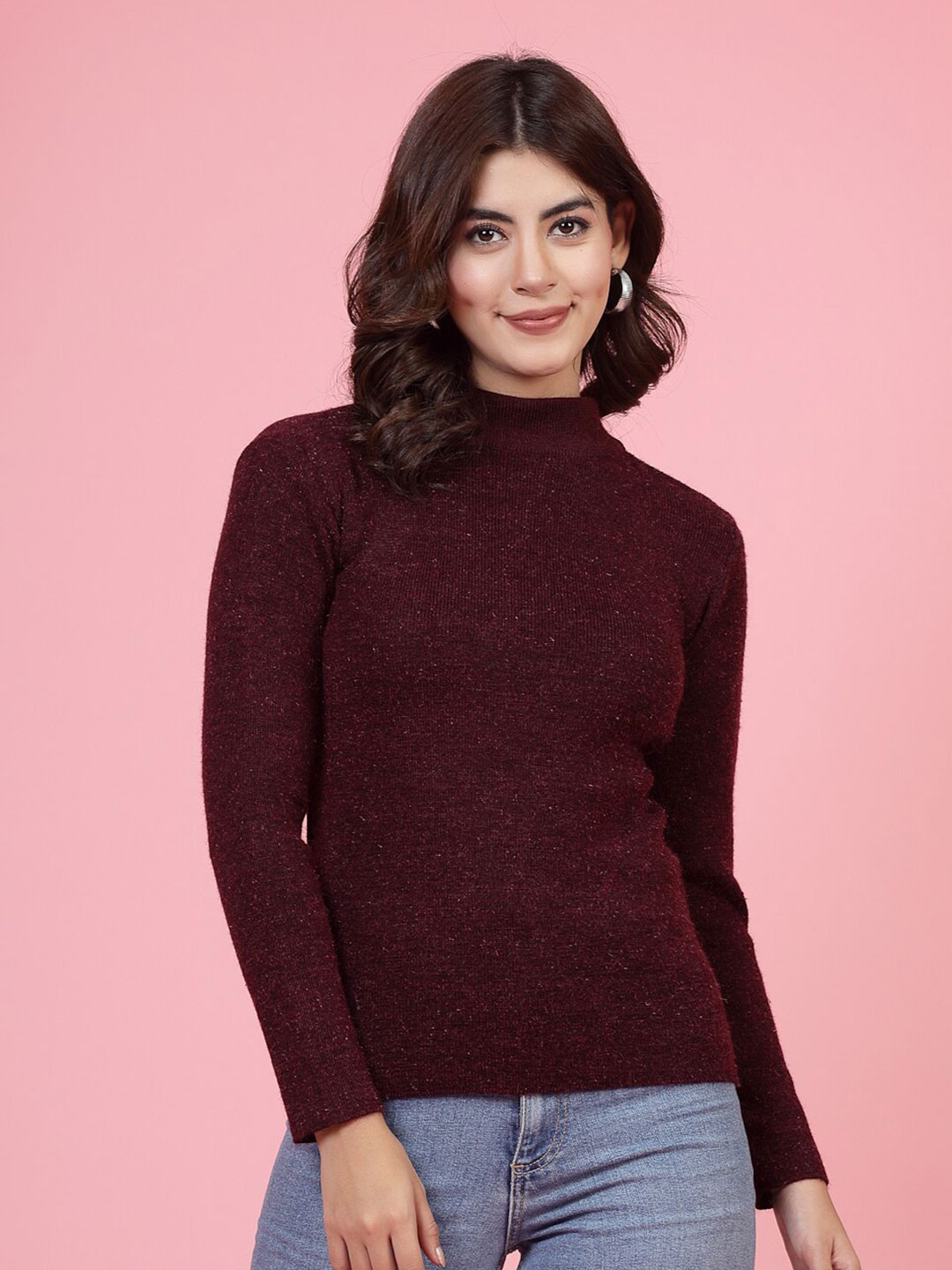 Buy Clora Creation Ribbed High Neck Fitted Woollen Top - Tops for Women ...