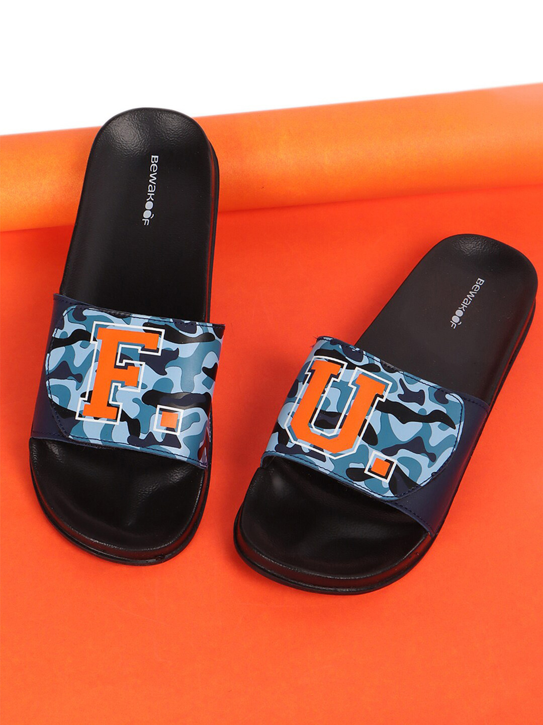 Buy Bewakoof Men FU Camo Printed Rubber Sliders With Velcro Closure ...