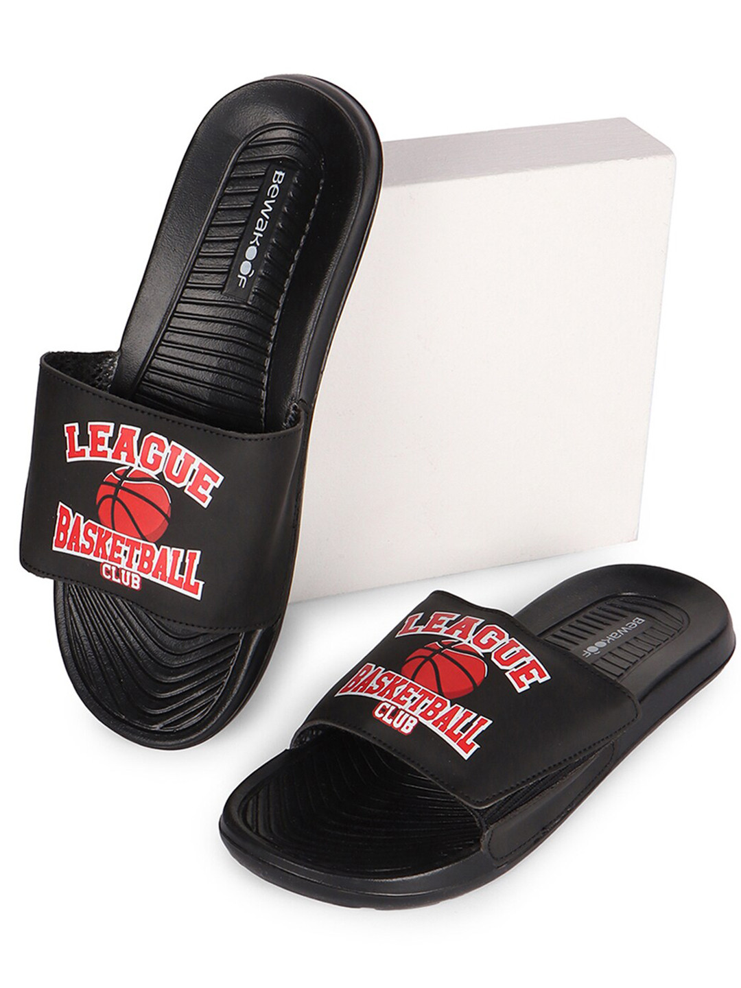 Buy Bewakoof Men Basketball League Printed Rubber Sliders With Velcro ...
