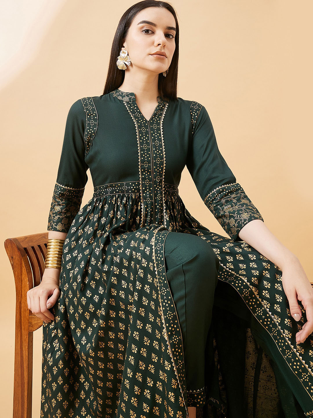 Buy All About You Ethnic Motifs Printed Mandarin Collar Gotta Patti Pleated A Line Kurta Set ...