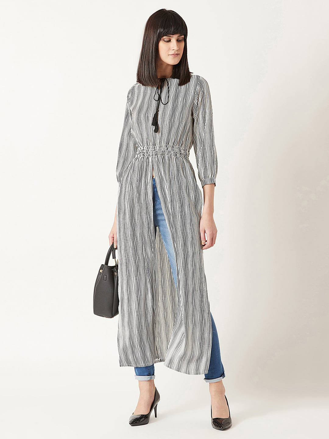 Buy DressBerry Monochrome Striped Smocked Maxi Longline Top - Tops for ...