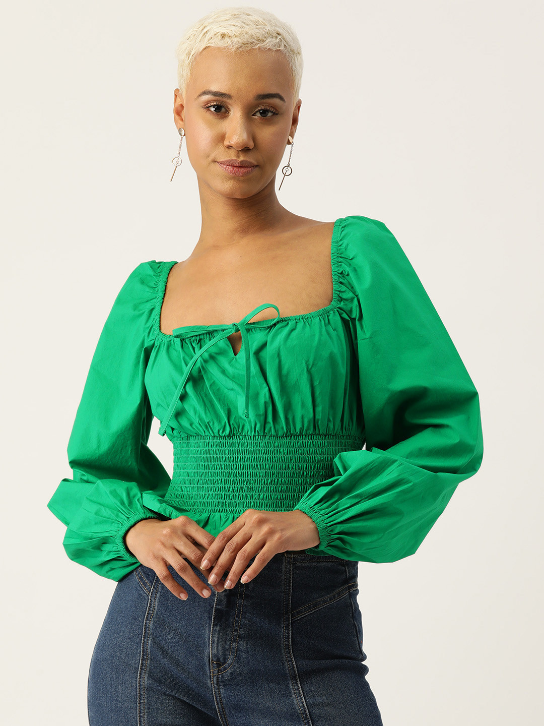 Buy Rue Collection Tie Up Neck Puff Sleeve Smocked Cotton Bardot Crop ...